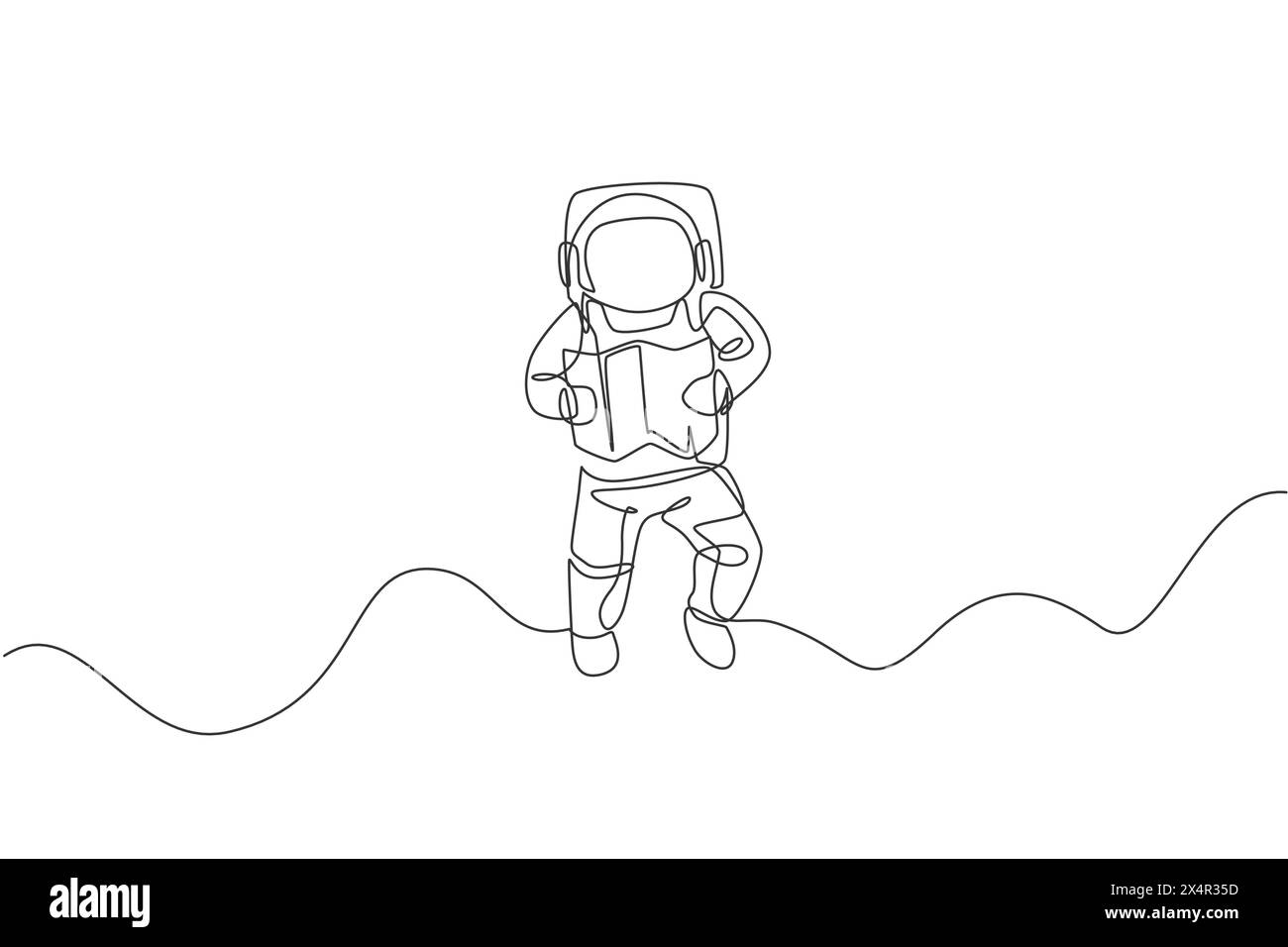 Single Continuous Line Drawing Floating Science Astronaut In Spacewalk Reading Map Navigator