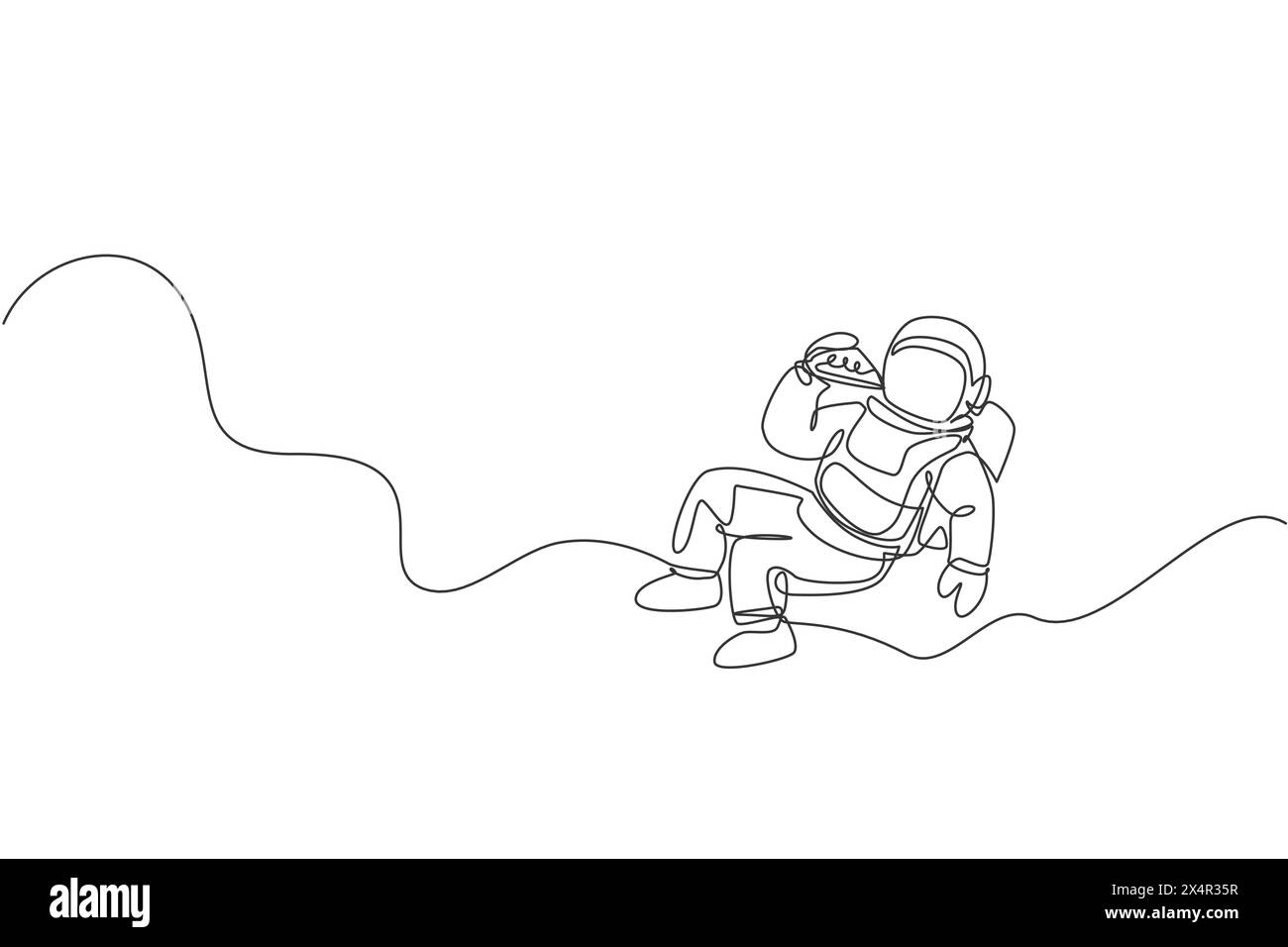 Single continuous line drawing spaceman relaxing and eating spicy ...