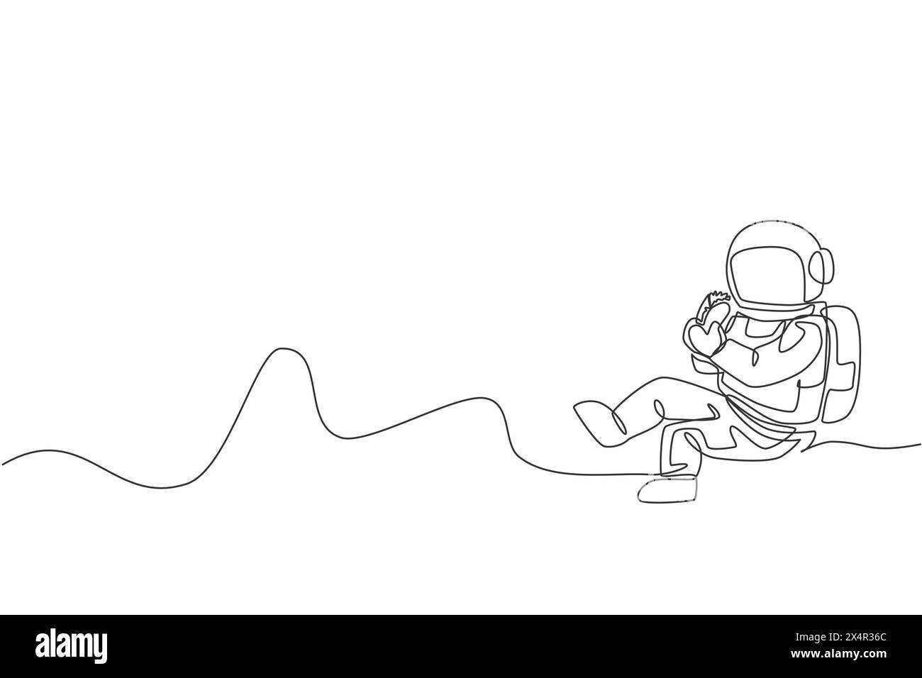 Single continuous line drawing of spaceman sitting relax on moon ...