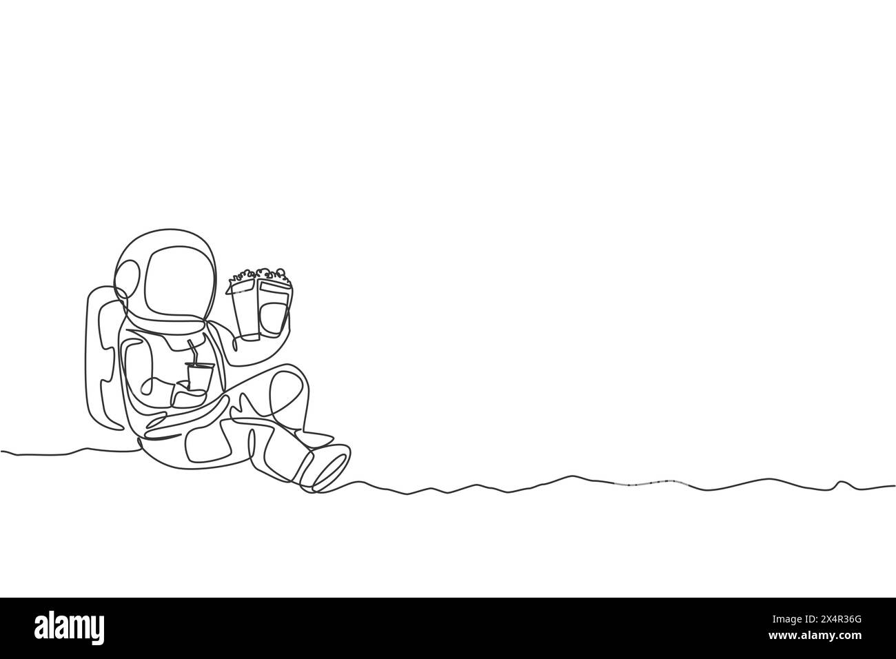 Single continuous line drawing of spaceman sitting relax on moon ...