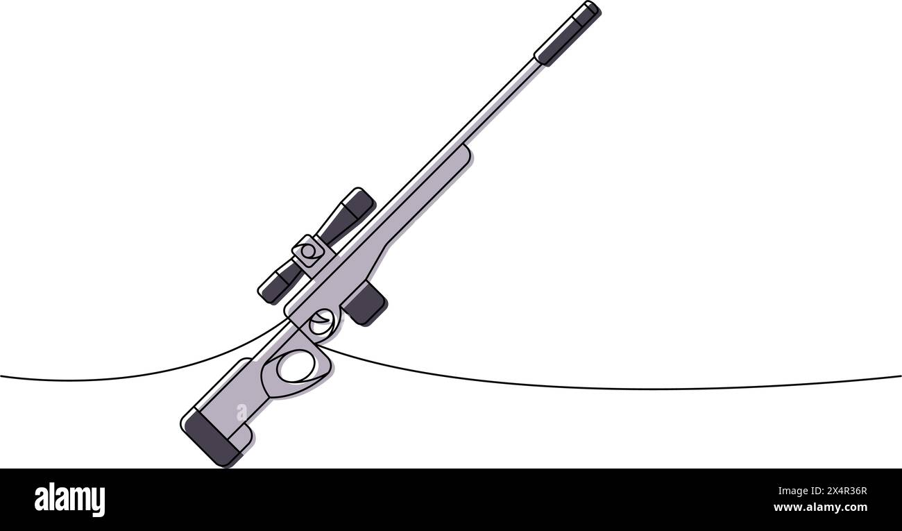 Sniper rifle, firearm one line colored continuous drawing. Various modern weapons continuous one ...