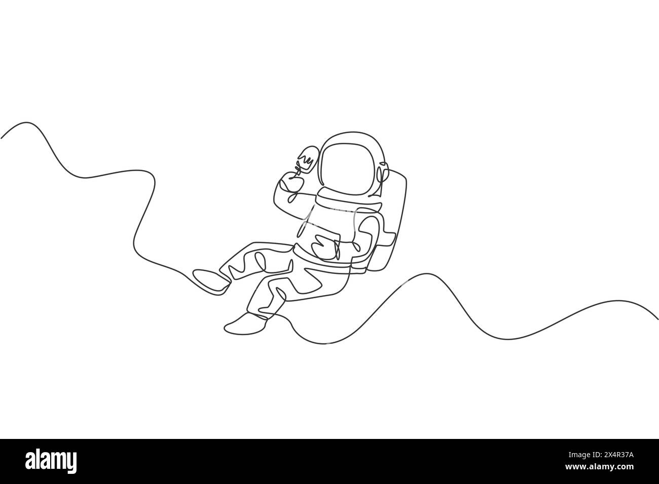 One single line drawing astronaut flying relax in cosmos galaxy while ...