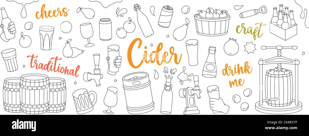 Fruit cider outline set. Wooden barrels, cans, glasses, mugs, metal keg ...