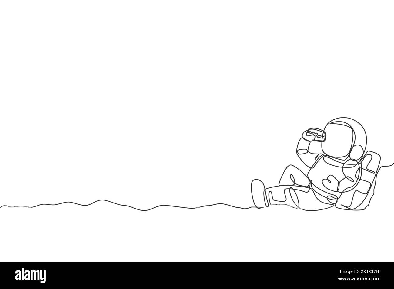 Single continuous line drawing of spaceman sitting relax on moon ...
