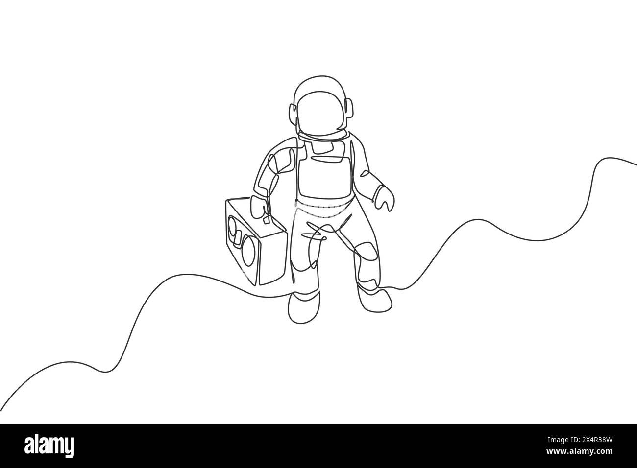 One single line drawing of spaceman flying and bringing retro radio in ...