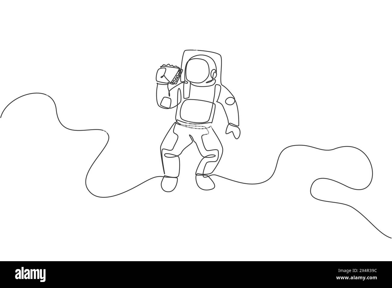 One single line drawing of astronaut flying in cosmos galaxy while ...
