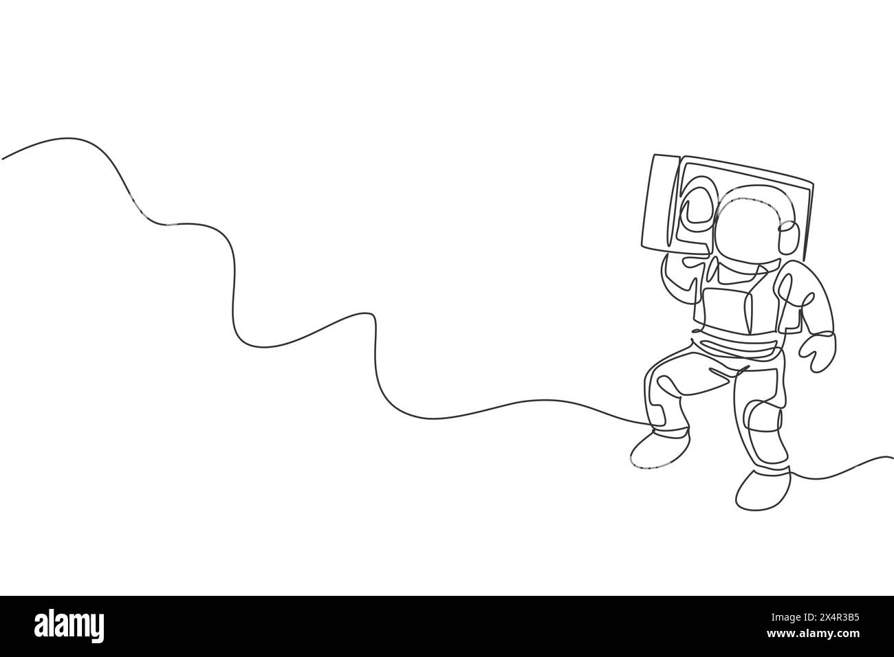 One continuous line drawing astronaut with spacesuit playing radio on ...