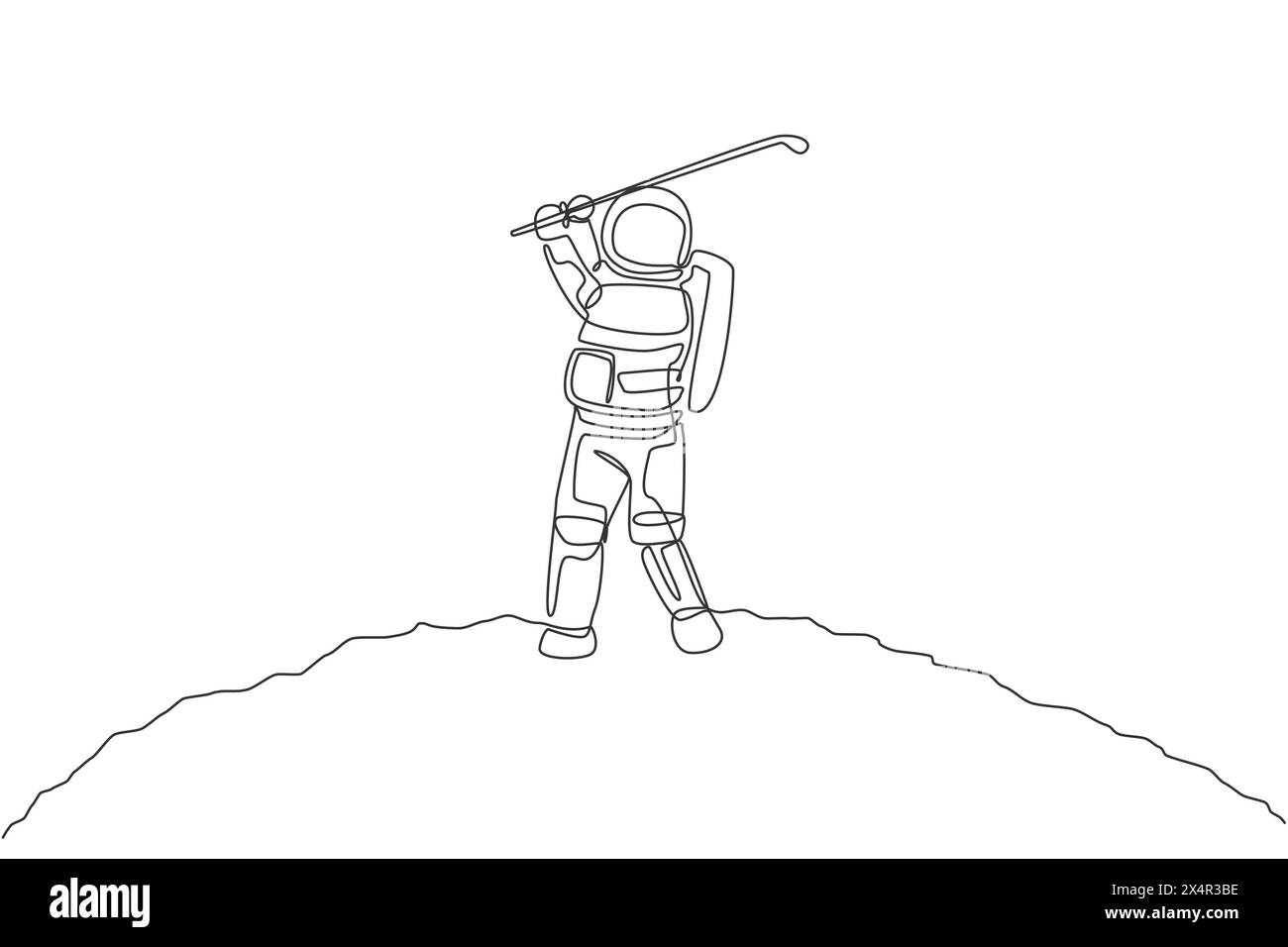One continuous line drawing of astronaut golf training on moon surface, deep space galaxy ...