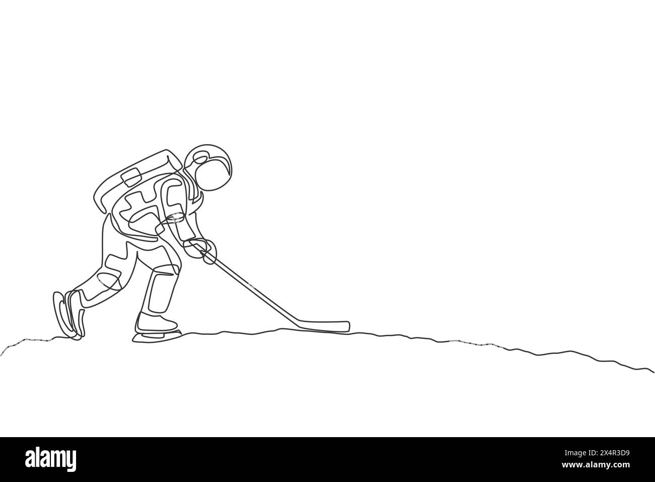 One continuous line drawing of astronaut training ice hockey on moon ...