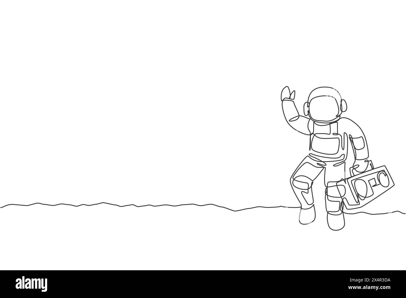 Single continuous line drawing of astronaut walking and holding retro ...