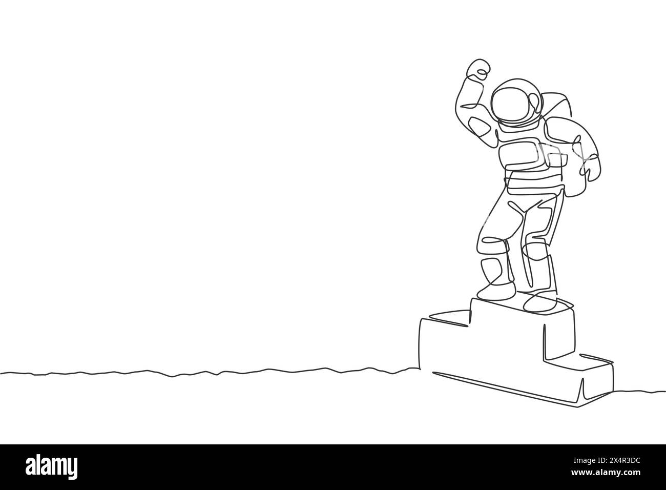 One continuous line drawing of astronaut standing on first place podium ...