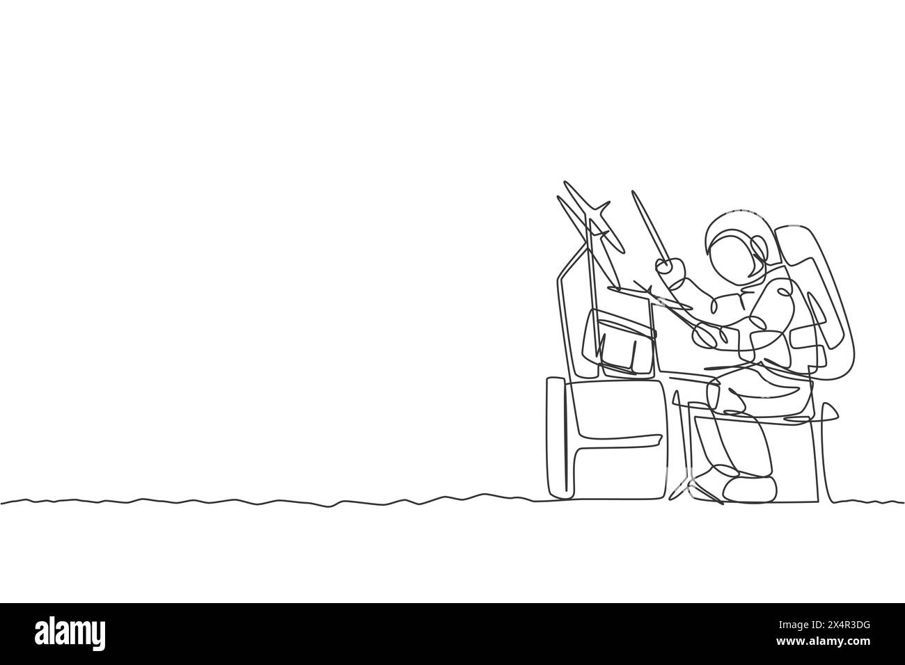 One single line drawing of spaceman drummer playing drum set musical ...