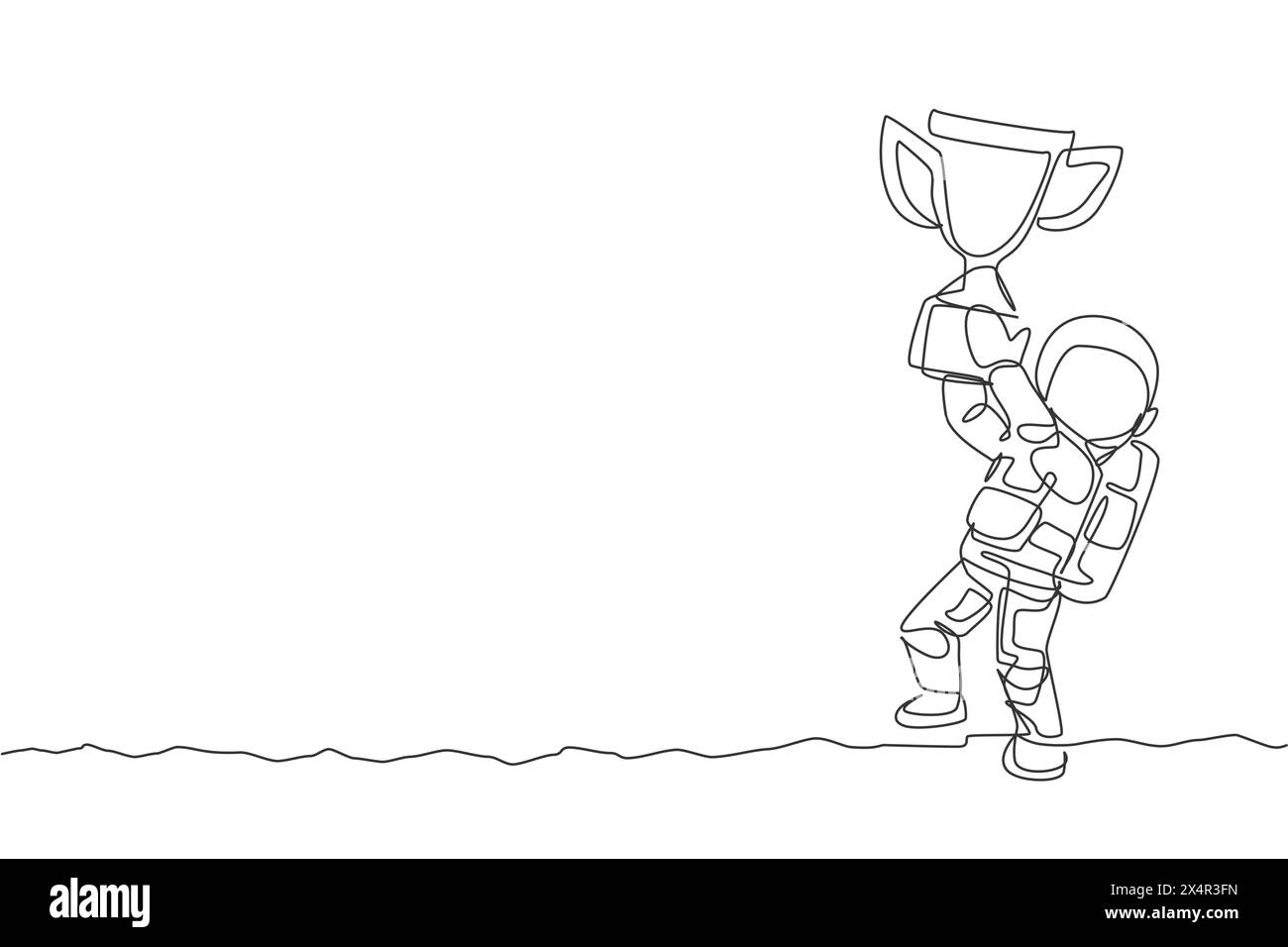 One single line drawing of spaceman astronaut holding winning trophy in ...