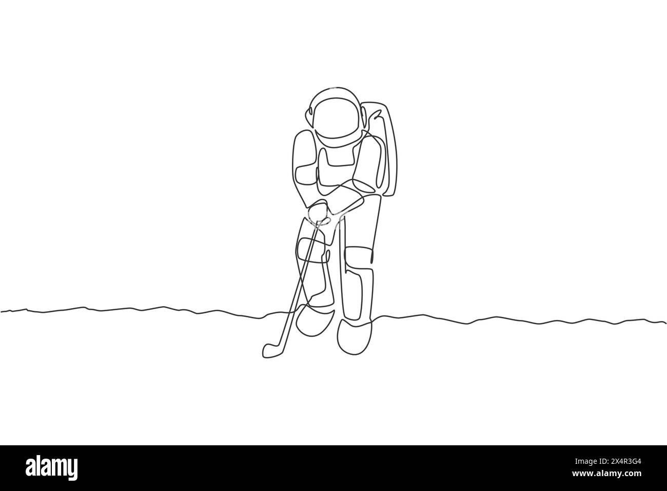 One single line drawing of spaceman astronaut practicing golf on moon ...