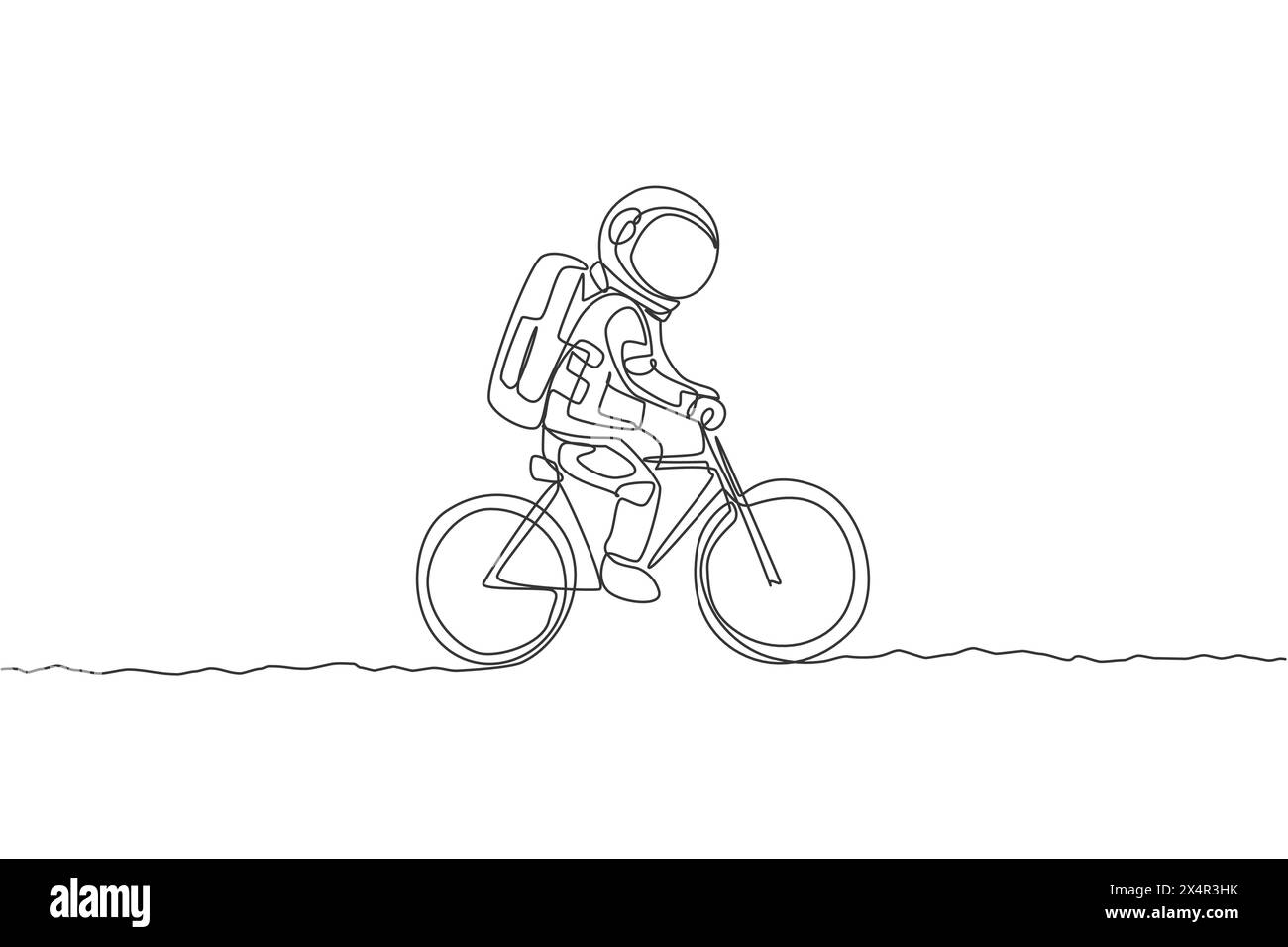 One single line drawing of spaceman astronaut riding bicycle on moon ...