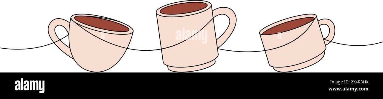 Traditional coffee cups one line colored continuous drawing. Hand drawn ...