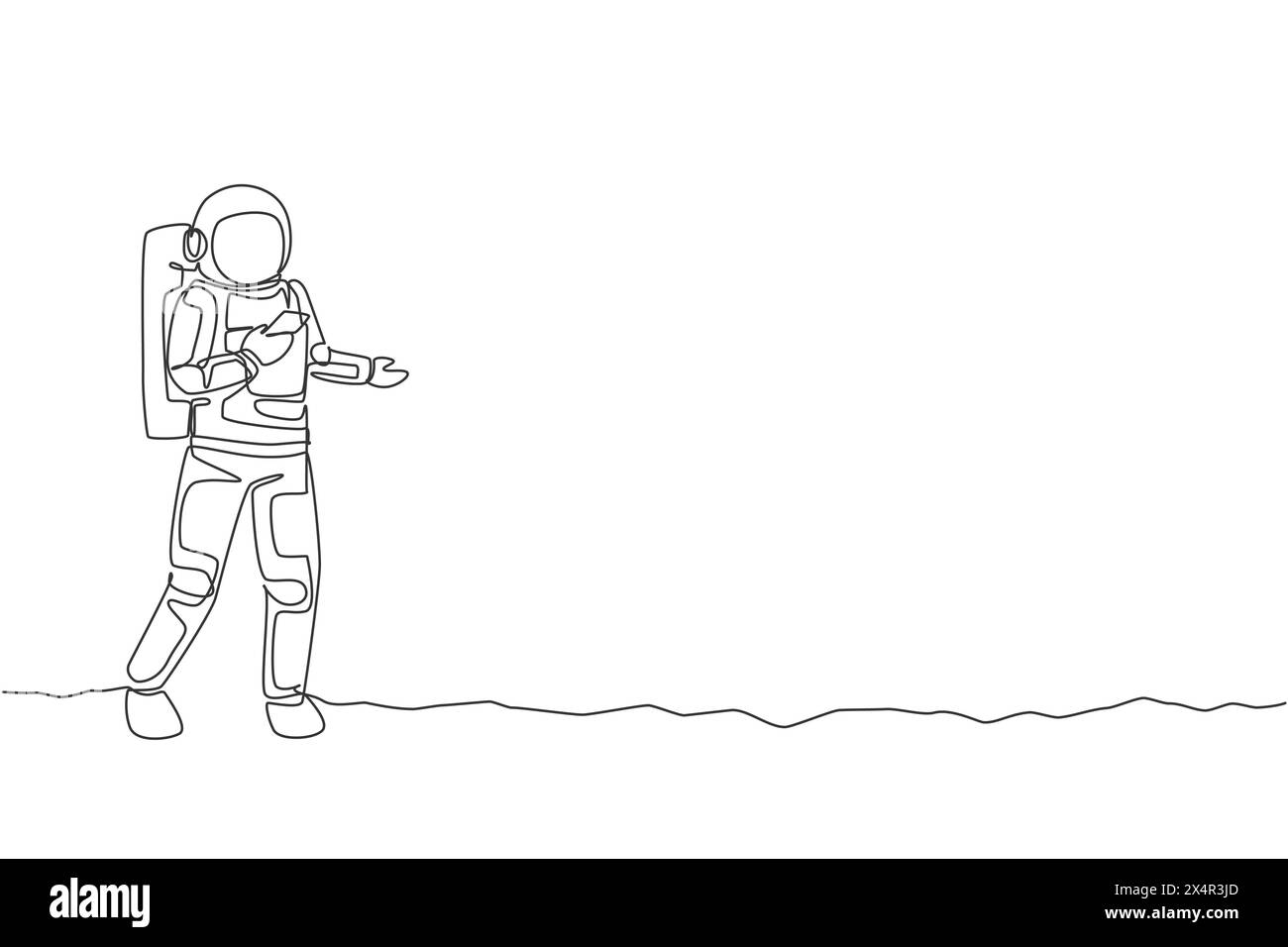 Single continuous line drawing astronaut in moon surface texting his ...