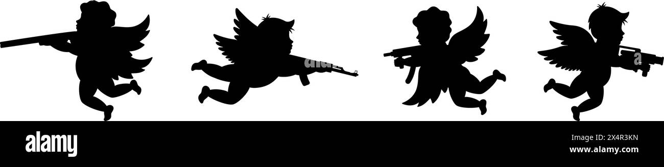 Little angels with firearms. Angel with a wings. Cherubs silhouette ...
