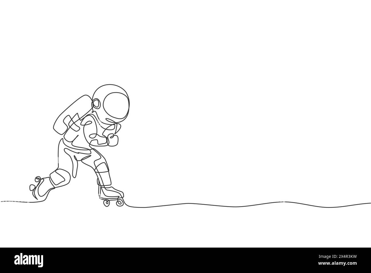 One continuous line drawing of astronaut using roller skates on moon ...