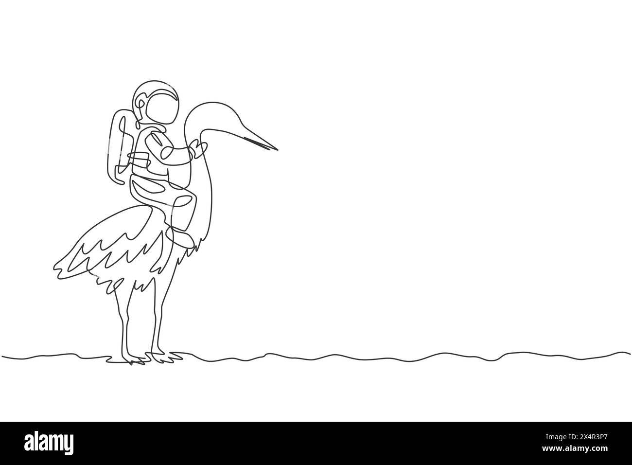 One single line drawing of astronaut riding heron bird, wild animal in ...