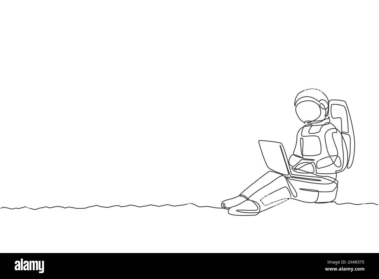 Single continuous line drawing of astronaut sitting in moon surface ...