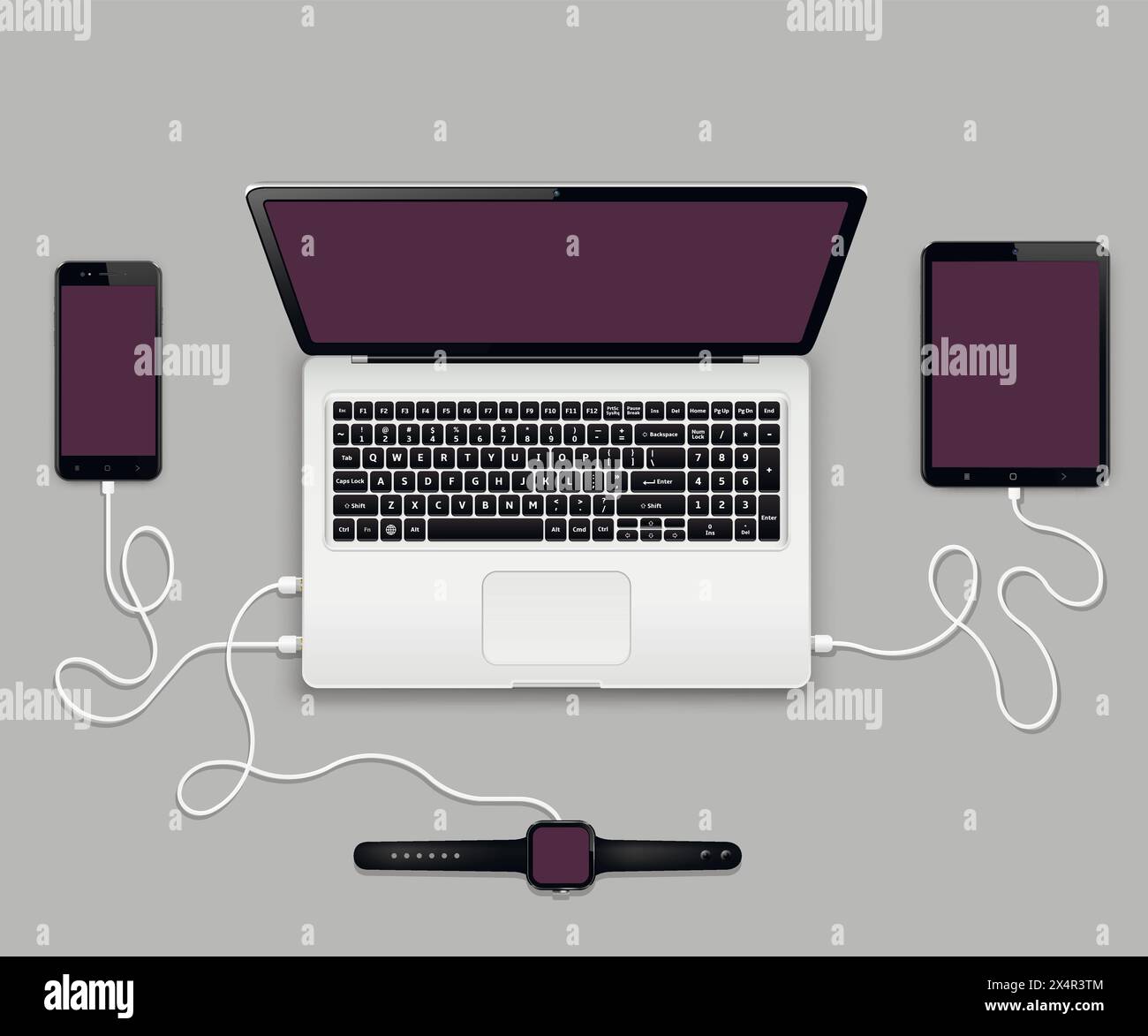Smartphone, tablet pc and smartwatch connected to laptop computer. Top ...