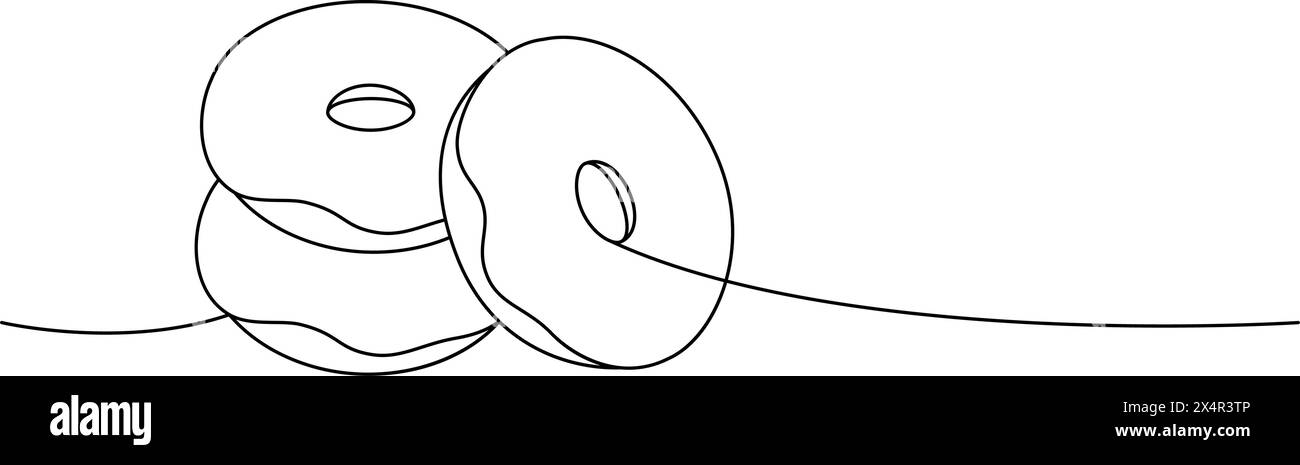 Glazed donuts one line continuous drawing. Bakery sweet pastry food ...
