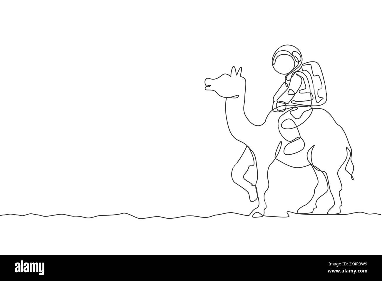 One single line drawing of astronaut riding Arabian camel, pet animal ...