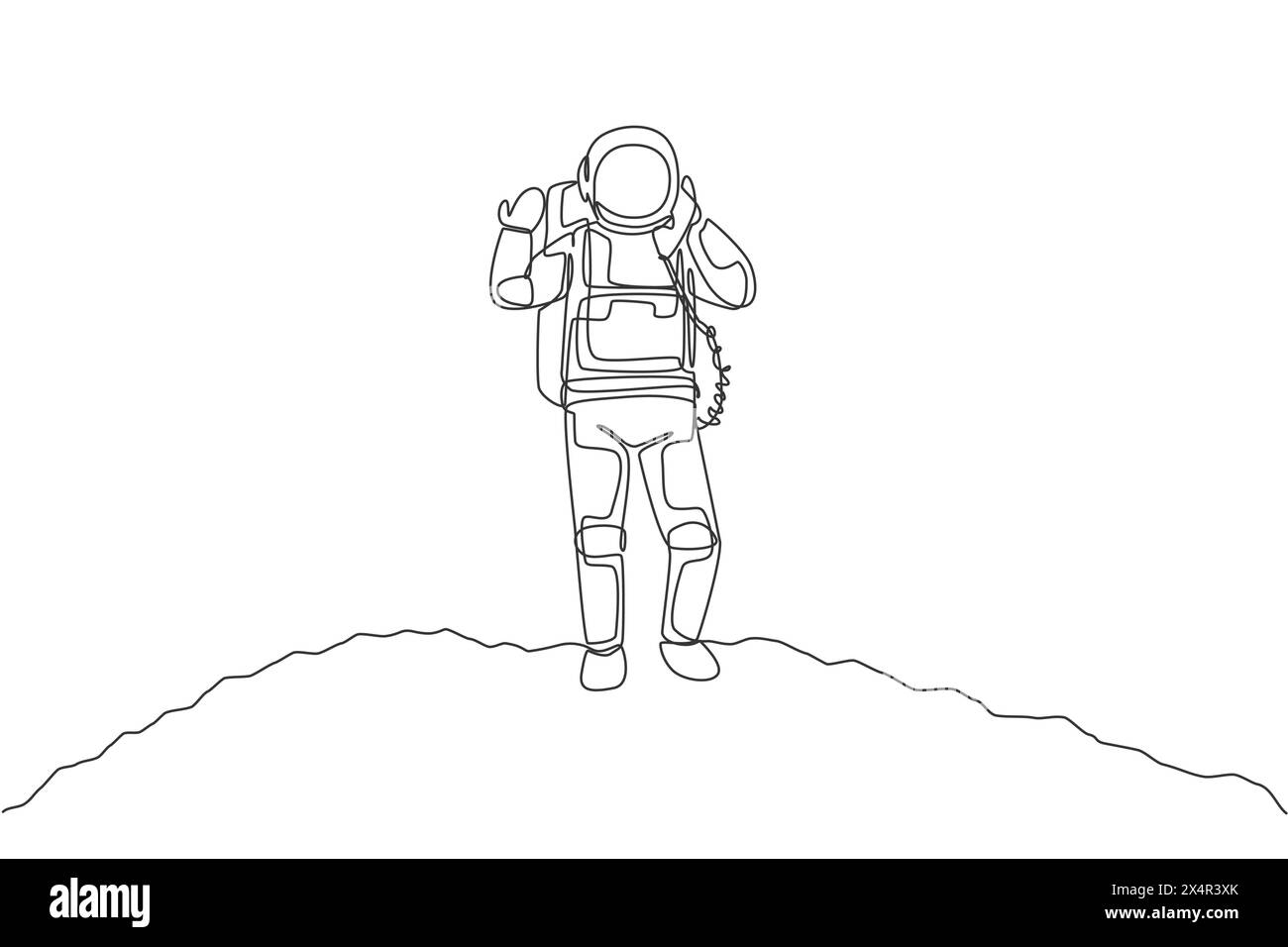 Single continuous line drawing of astronaut in moon surface calling ...