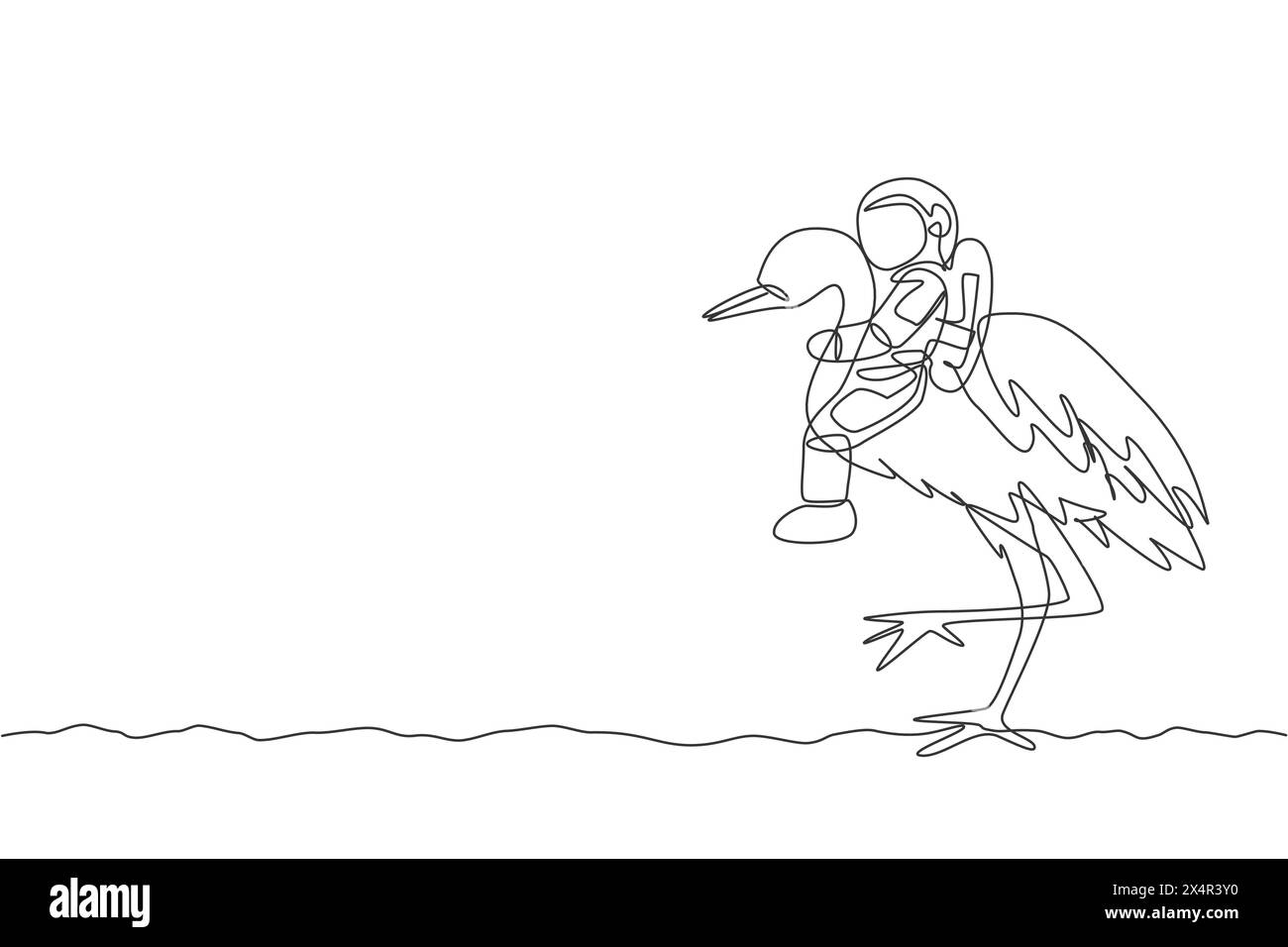 One continuous line drawing of spaceman take a walk riding a heron bird ...