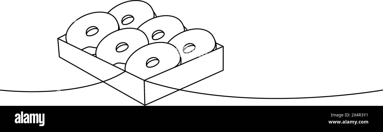 Glazed donuts in box one line continuous drawing. Bakery sweet pastry ...