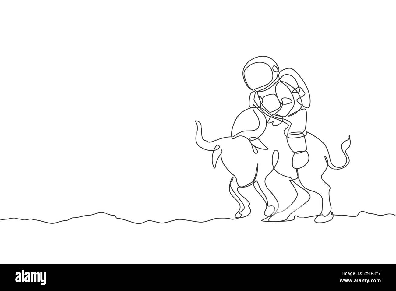 One continuous line drawing of spaceman take a walk riding an angry ...