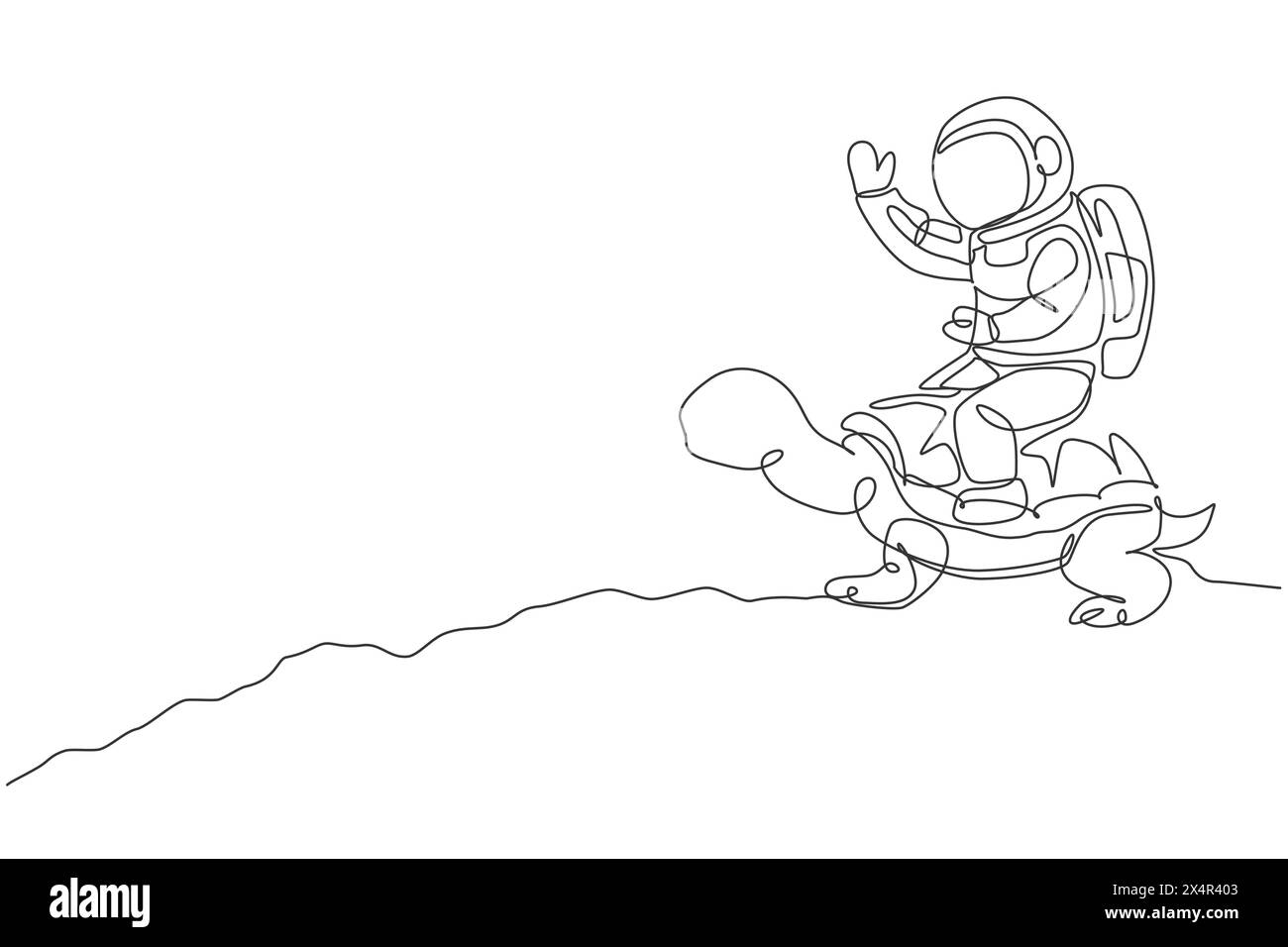 One continuous line drawing of spaceman take a walk riding a tortoise ...