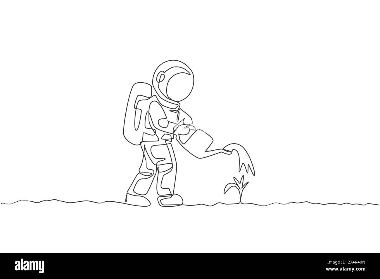 One continuous line drawing of spaceman watering plant tree using metal ...