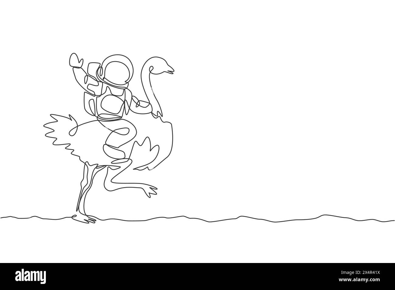 One continuous line drawing of spaceman take a walk riding an ostrich ...