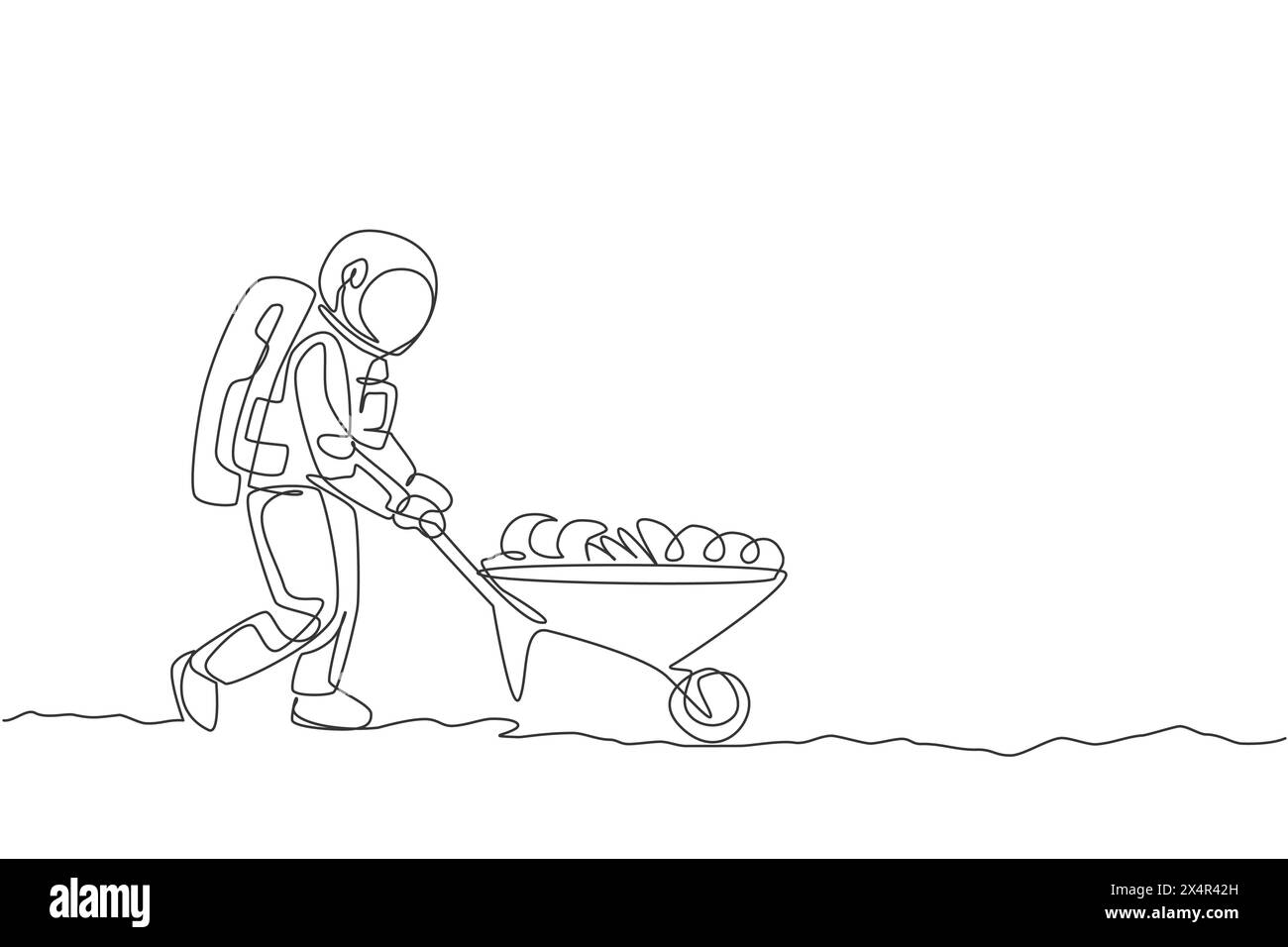 One single line drawing of astronaut pushing wheelbarrow full of fruits ...