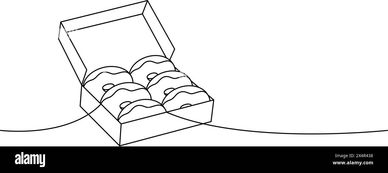 Donuts in a box one line continuous drawing. Bakery sweet pastry food ...