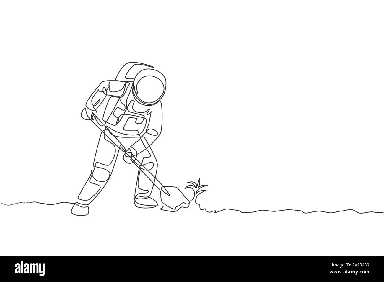 One single line drawing of astronaut digging up soil using metal shovel ...