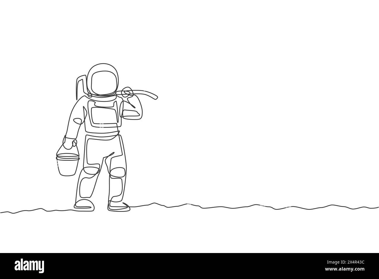 One continuous line drawing of spaceman carrying bucket and hoe on ...