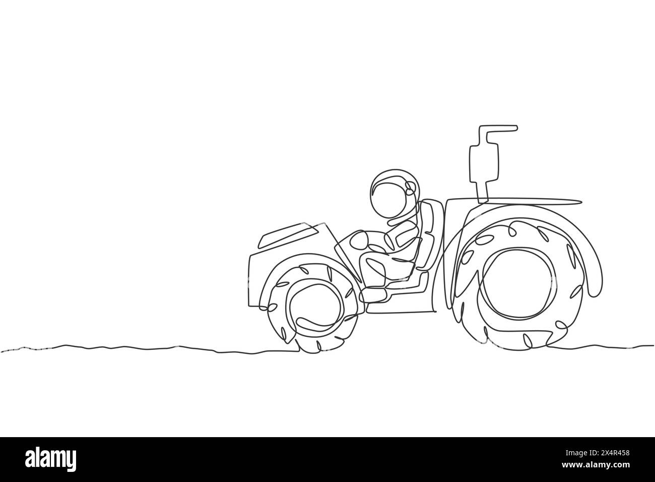 One single line drawing of astronaut riding tractor to leveling and ...