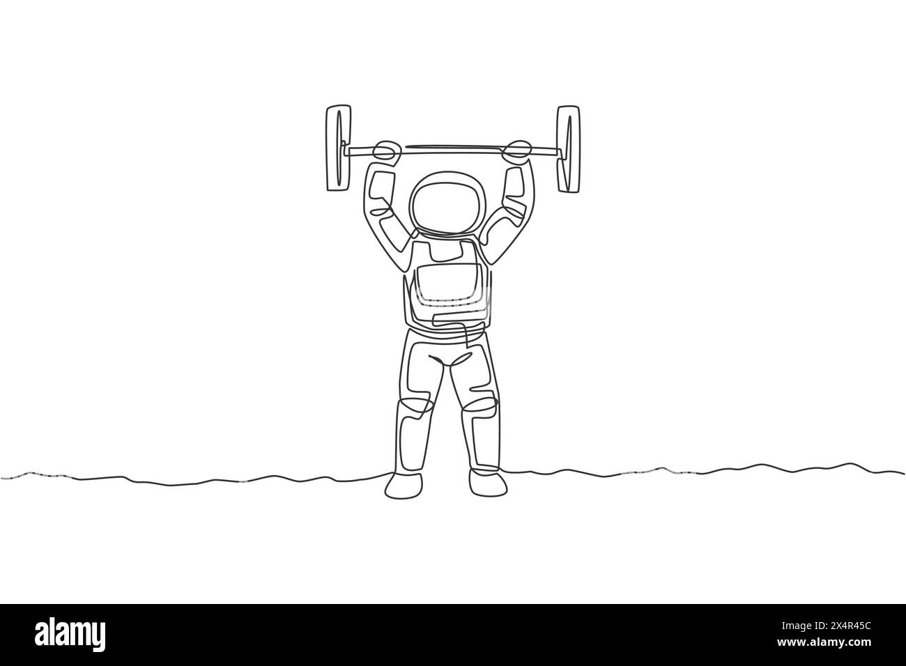 Single continuous line drawing of muscular astronaut train lifting barbell in moon surface ...
