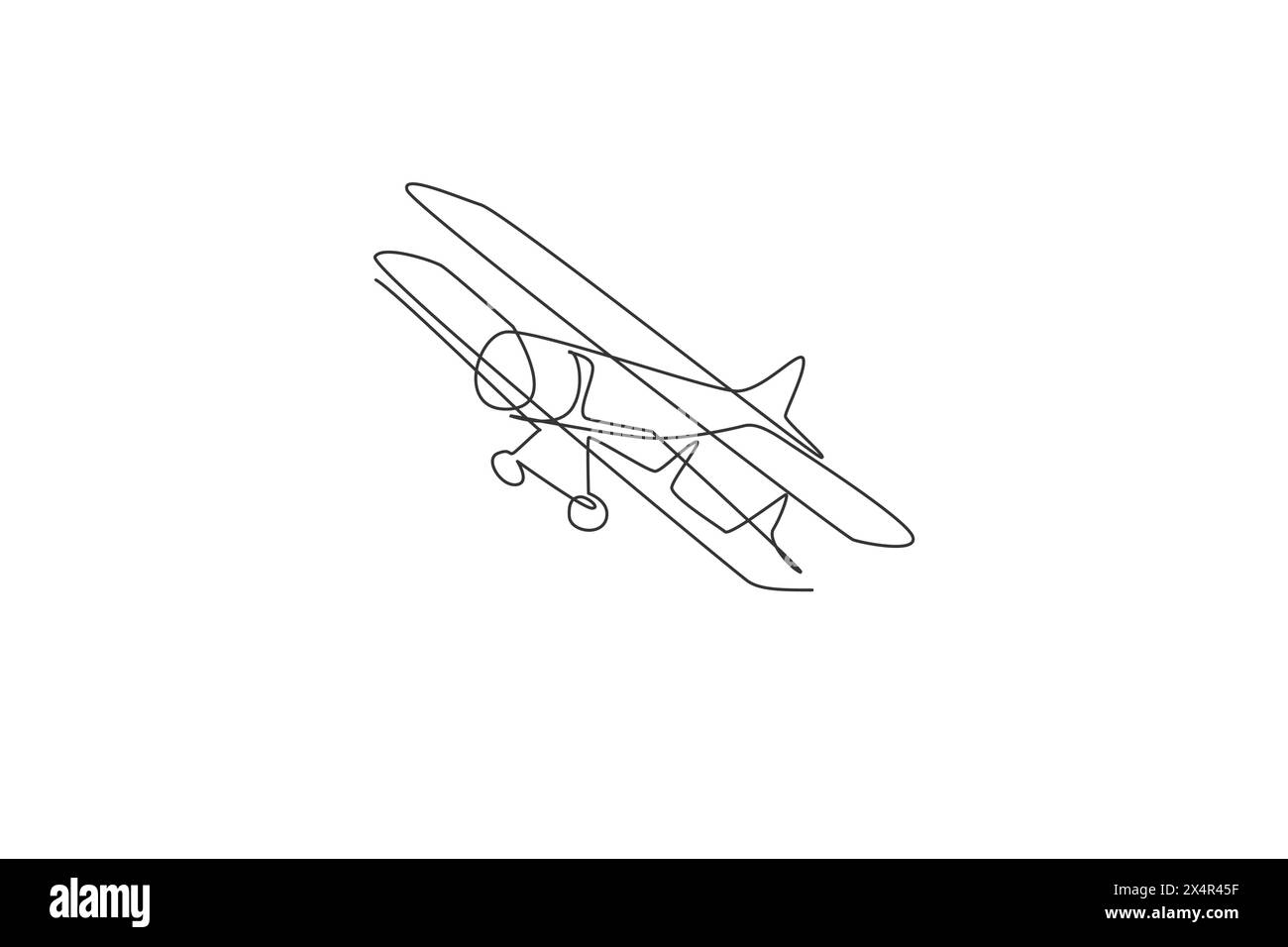 One single line drawing of vintage biplane flying on the sky vector ...