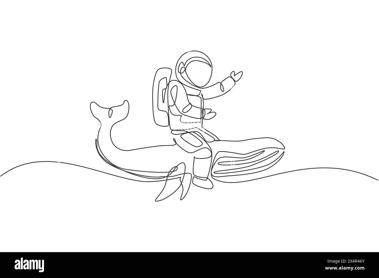 One continuous line drawing of spaceman take a walk riding a blue whale ...