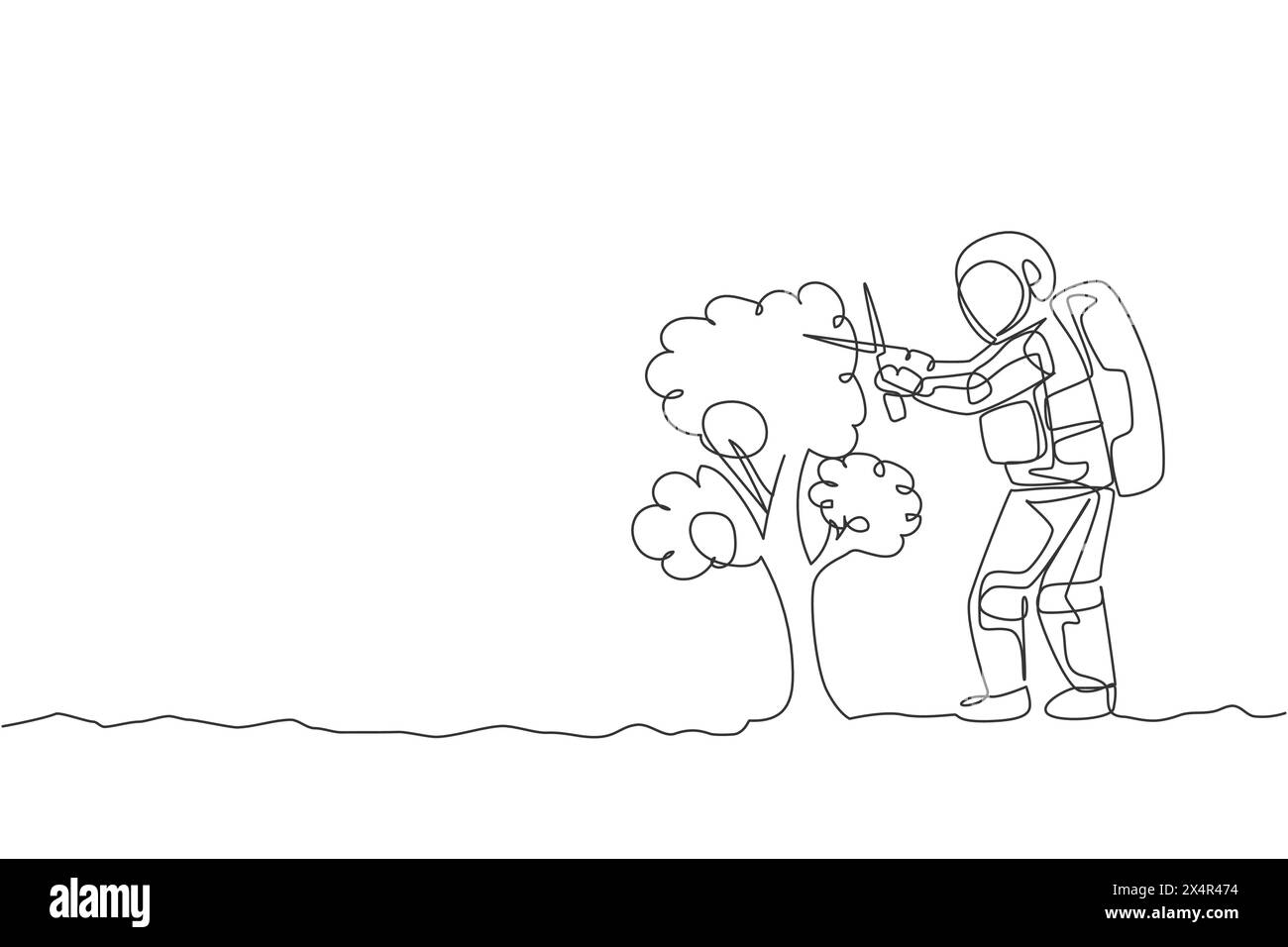 One continuous line drawing of spaceman cutting tree leaf using ...