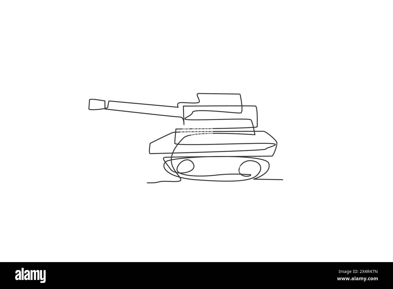 Single continuous line drawing of metal war tank with cannon gun, side ...