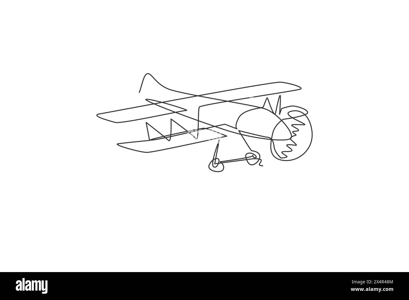 Single continuous line drawing of retro biplane flying on the sky ...
