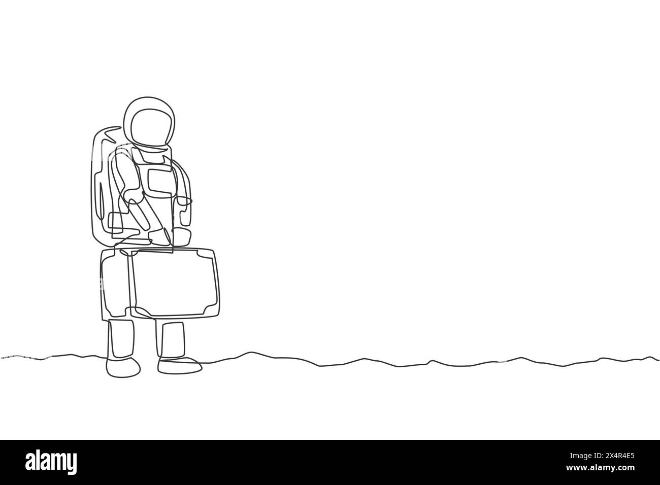 One continuous line drawing young happy astronaut holding big suitcase ...