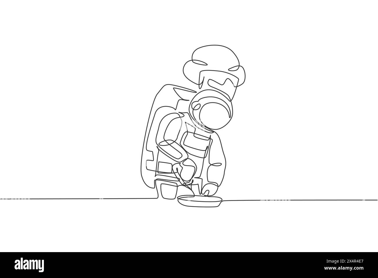 One continuous line drawing of astronaut chef pouring delicious ...