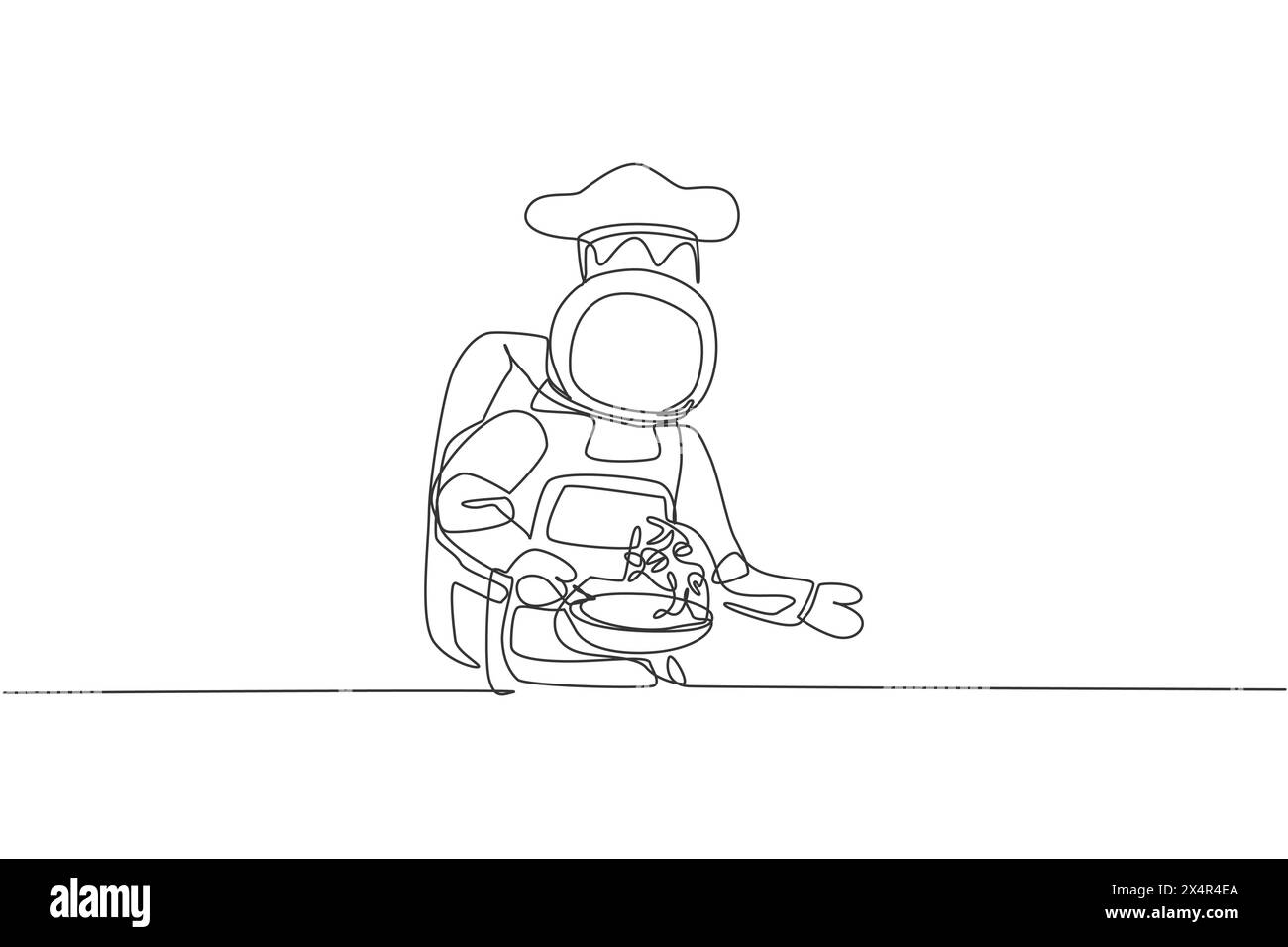 One single line drawing of young astronaut chef cooking healthy cuisine ...