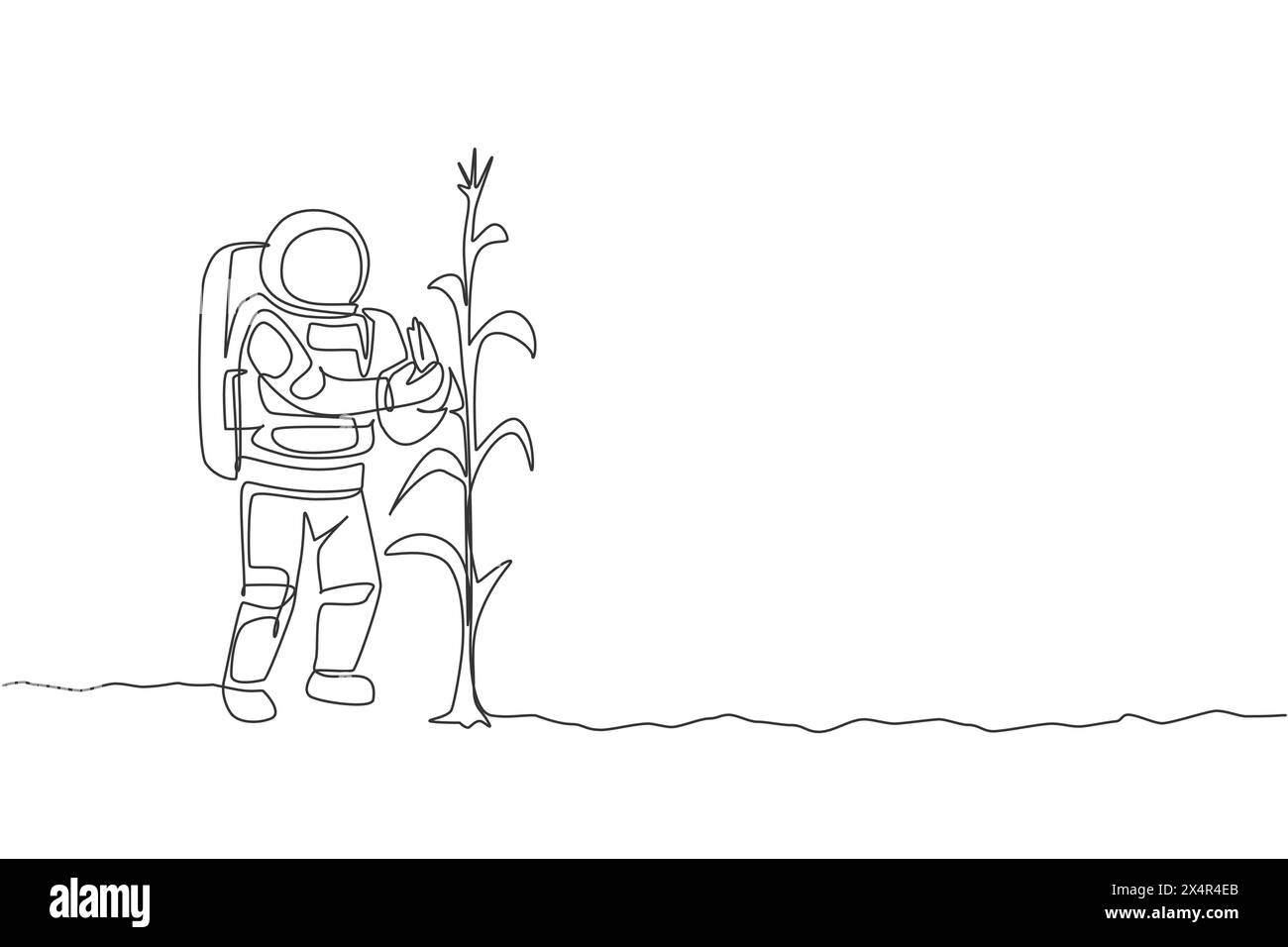 One continuous line drawing of spaceman picking sweet corn from plant ...